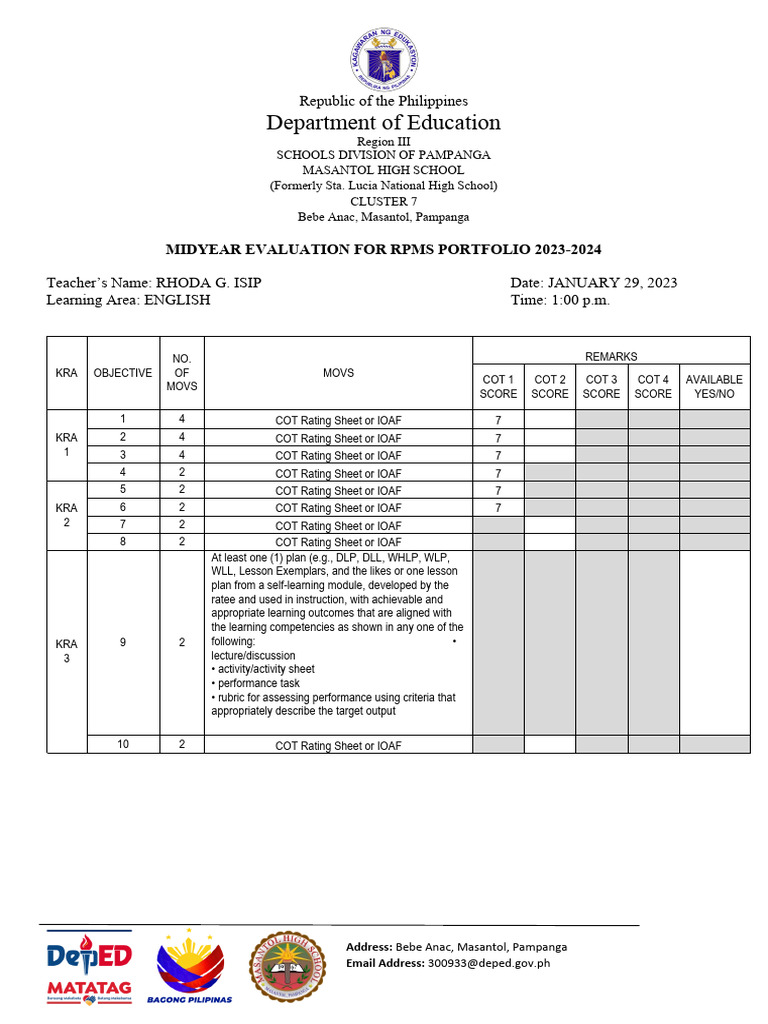 Midyear Evaluation of RPMS 2024 | PDF | Cognitive Science | Human Communication