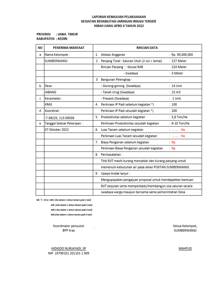 LAPORAN KEMAJUAN RJIT Hibah POKTAN SUMBERWANGI | PDF