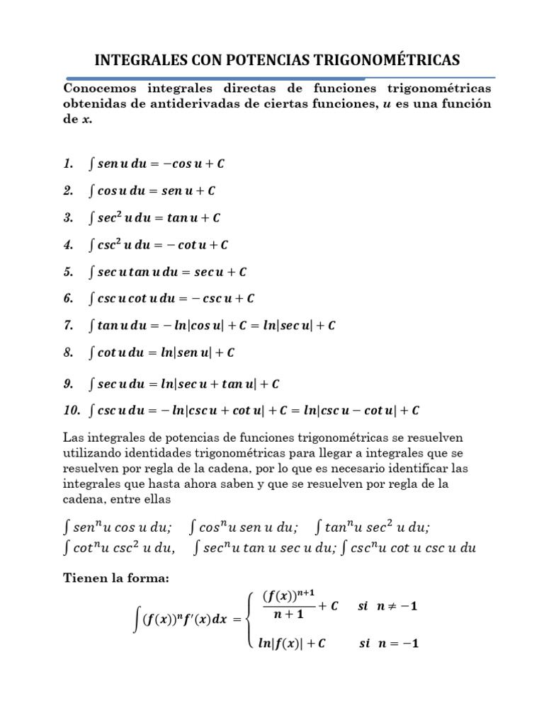 Integrales con Potencias Trigonométricas | PDF | Integral | Cálculo