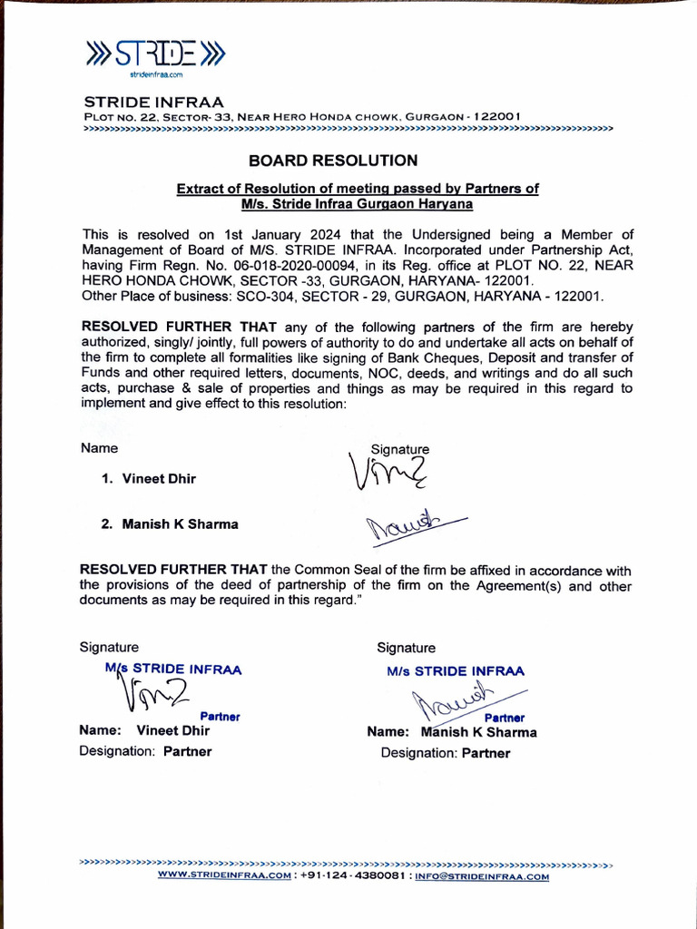 Stride Infraa Board Resolution | PDF