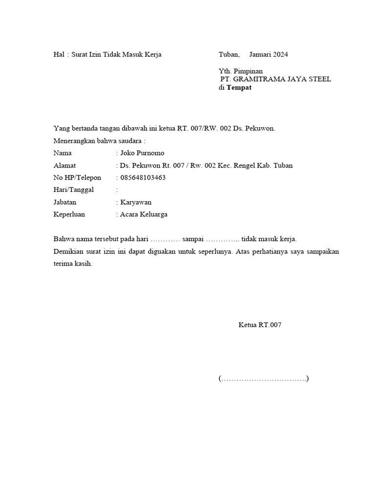 Surat Ijin Tidak Masuk Kerja RT | PDF