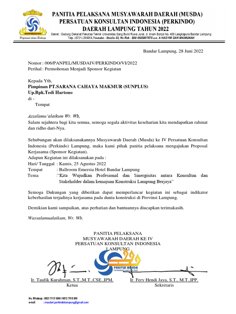 Permohonan Sponsor Musda Perkindo Lampung | PDF