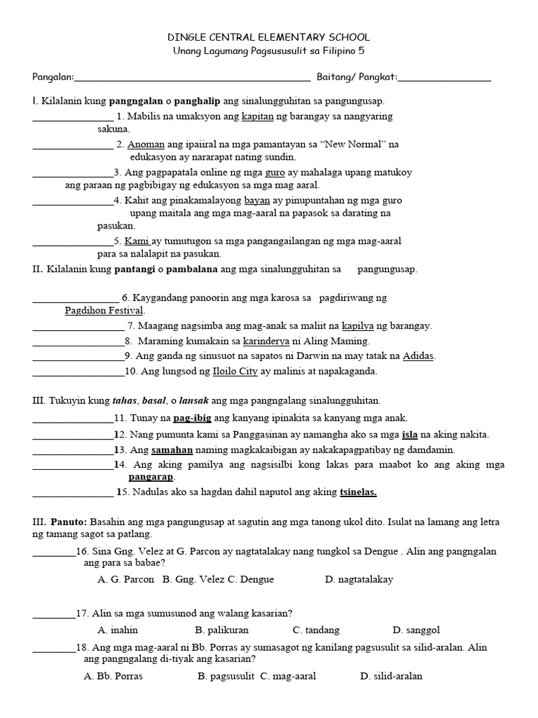 FILIPINO 5 Q1 1st Summative Test | PDF