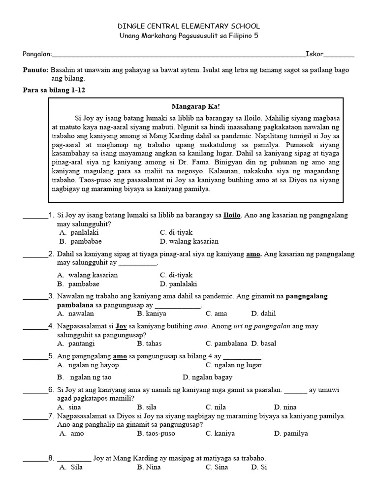 Q1 Filipino 5 1st Periodical Test | PDF