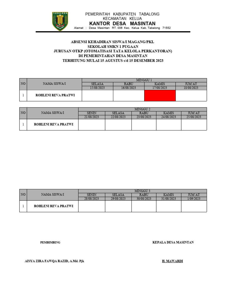 Absensi Magang Siswa OTKP 2023 | PDF
