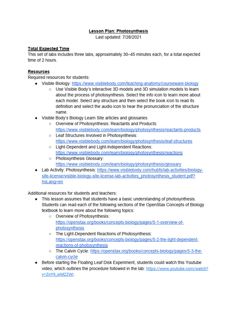 Bio Learn Lesson Plan Photosynthesis | PDF | Photosynthesis | Science