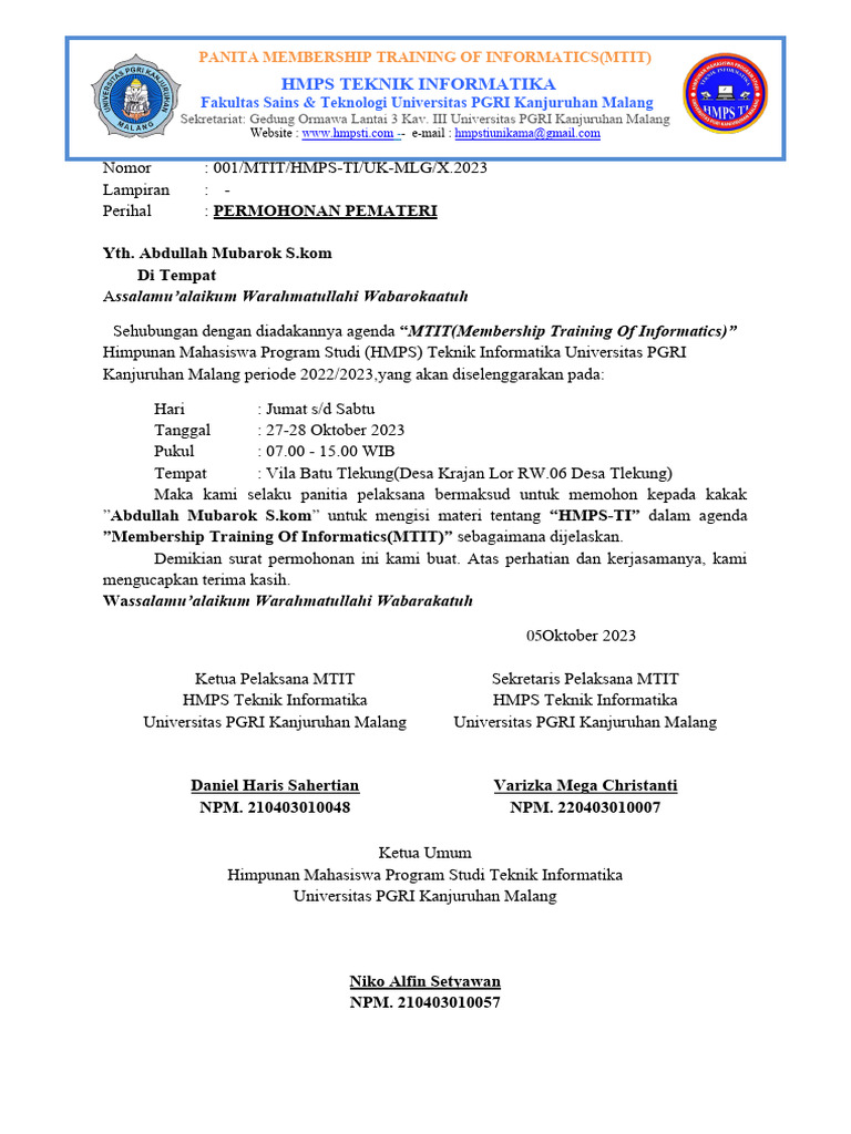 Permohonan Materi MTIT HMPS TI 2023 | PDF