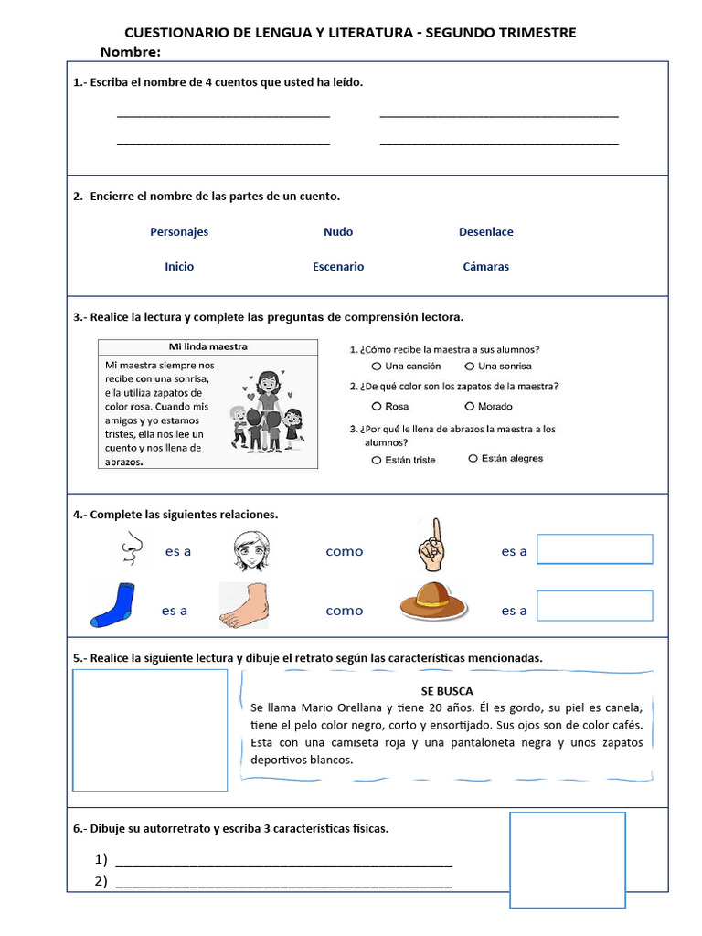 Cuestionario de Lengua y Literatura - Segundo Trimestre - 4to | PDF