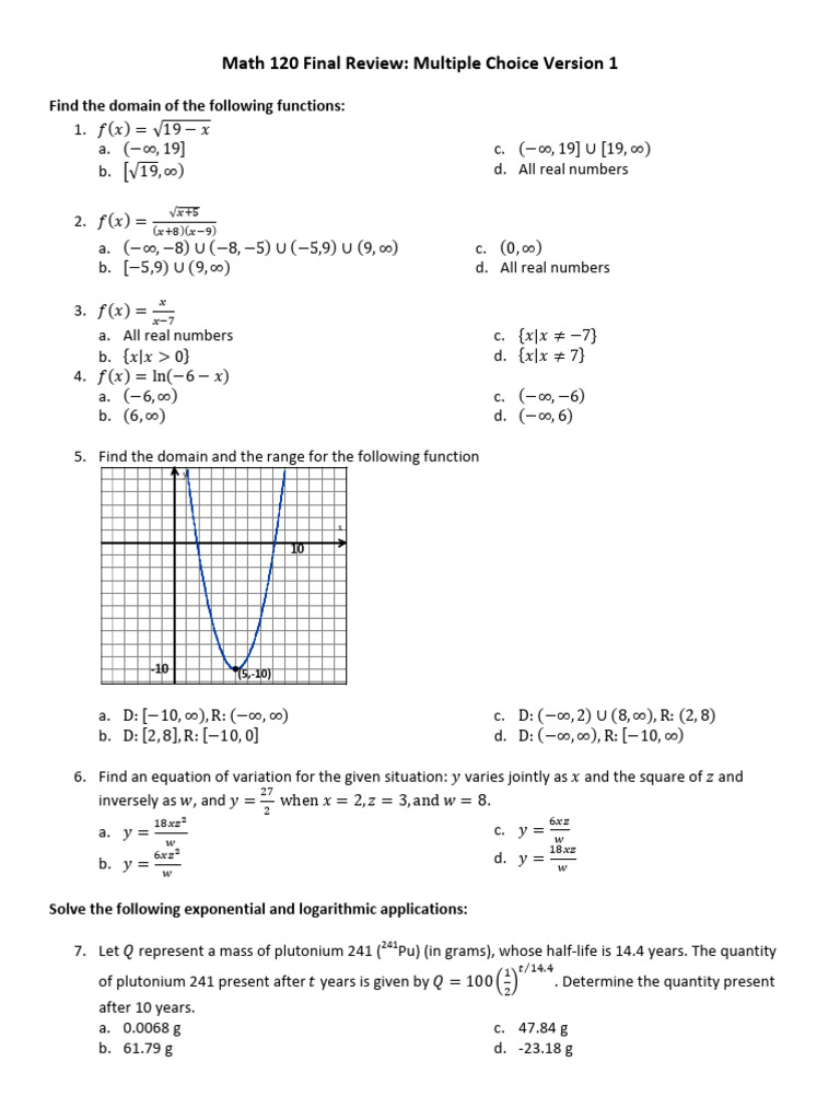 Math 120 Final Review Multiple Choice Version1 | PDF | Function (Mathematics) | Functions And ...