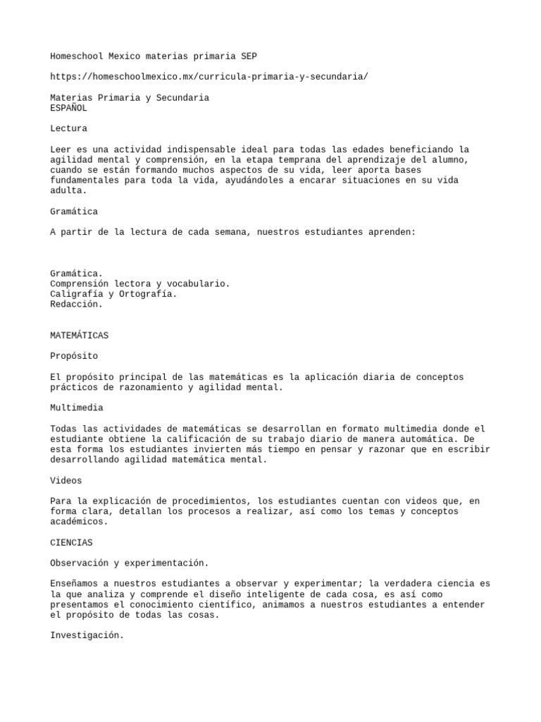 Homeschool Mexico Materias Primaria SEP | PDF | Matemáticas | Mente