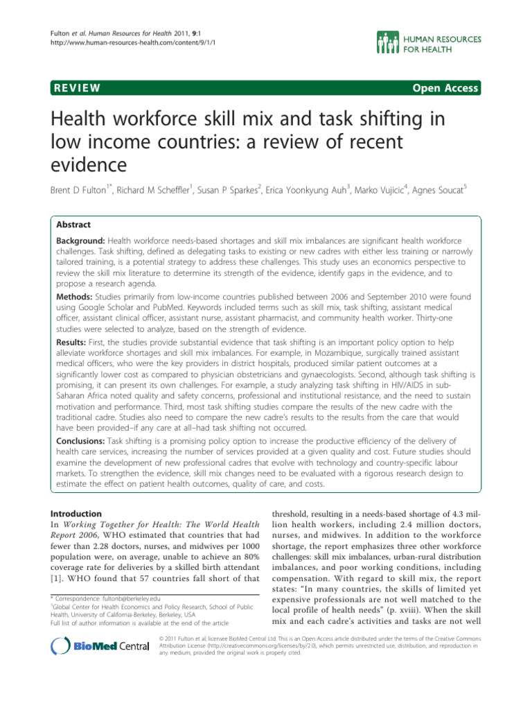 Health Workforce Skill Mix and Task Shifting in Low Income Countries: A Review of Recent ...