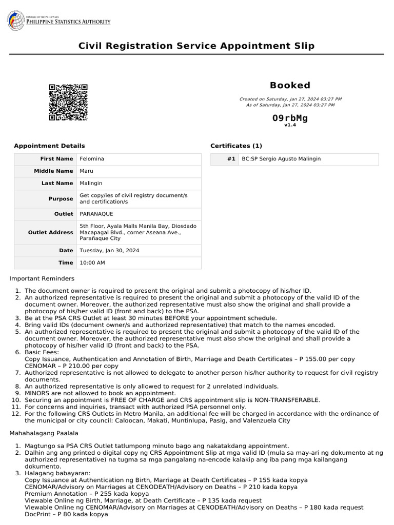 Civil Registration Service Appointment Slip | PDF