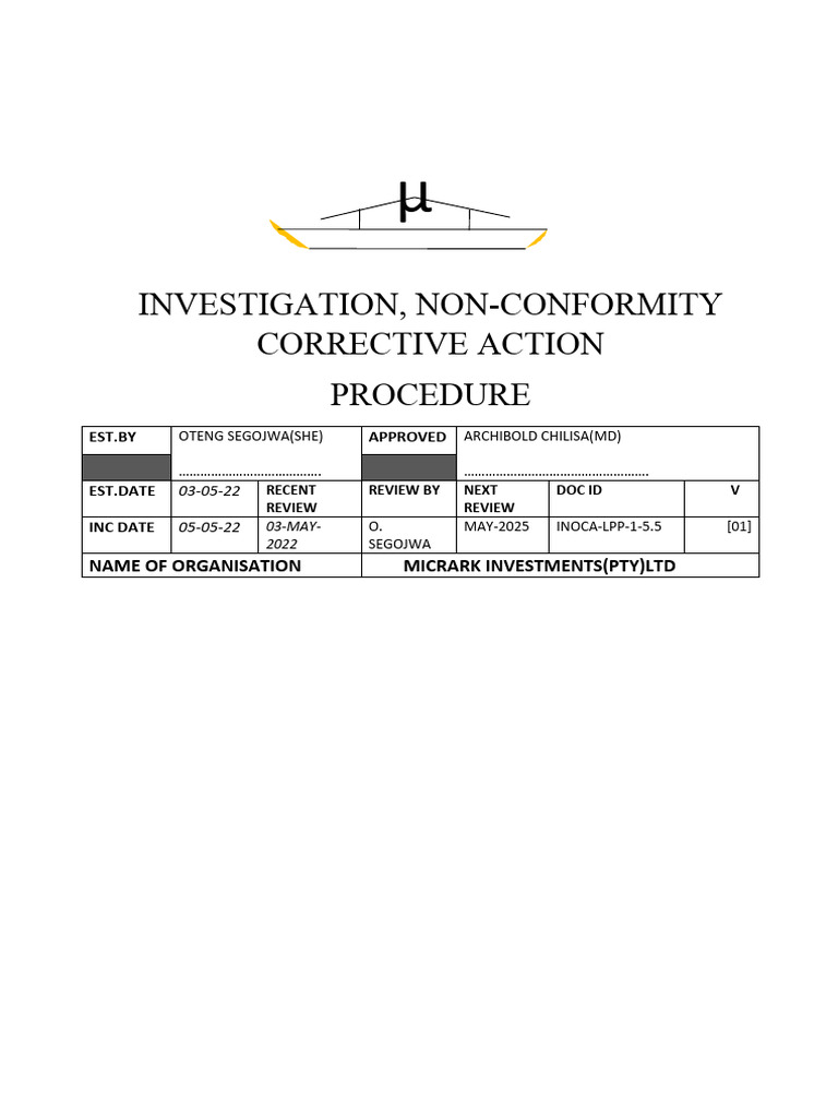 Investigation, Non Conformity, Corrective Action Procedure | PDF