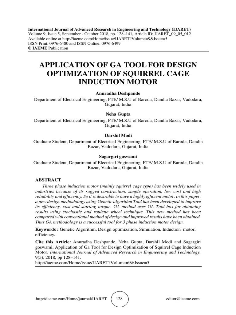 Application Of Ga Took For Design Optimization Of Squirrel Cage Induction Motor Pdf Electric