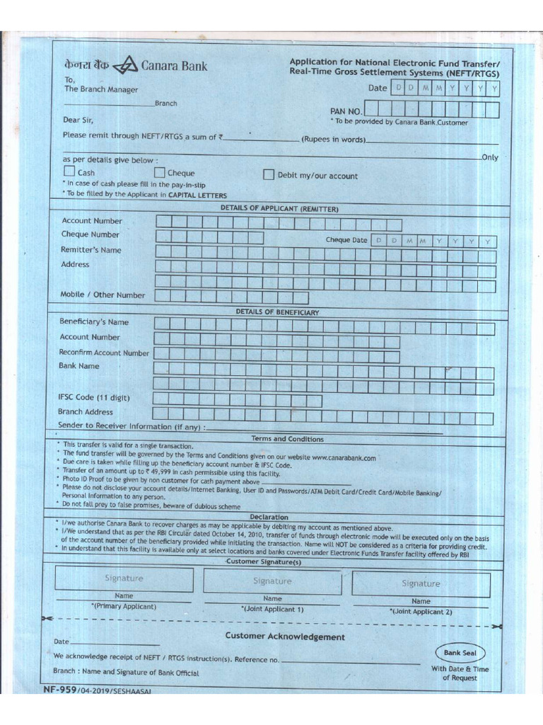 Canara Bank RTGS NEFT Form Latest English | PDF