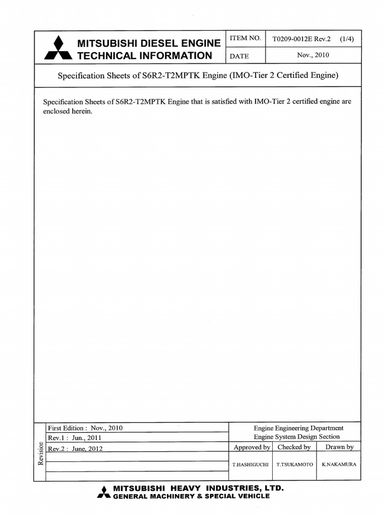 Engine Specification Sheet T0209-0012E (S6R2-T2MPTK) | PDF