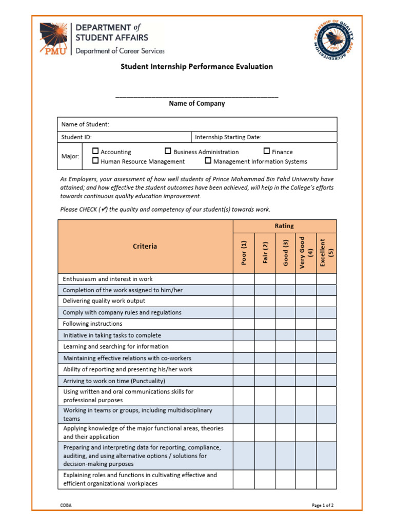 Student Internship Evaluation Form | PDF | Performance Appraisal | Learning