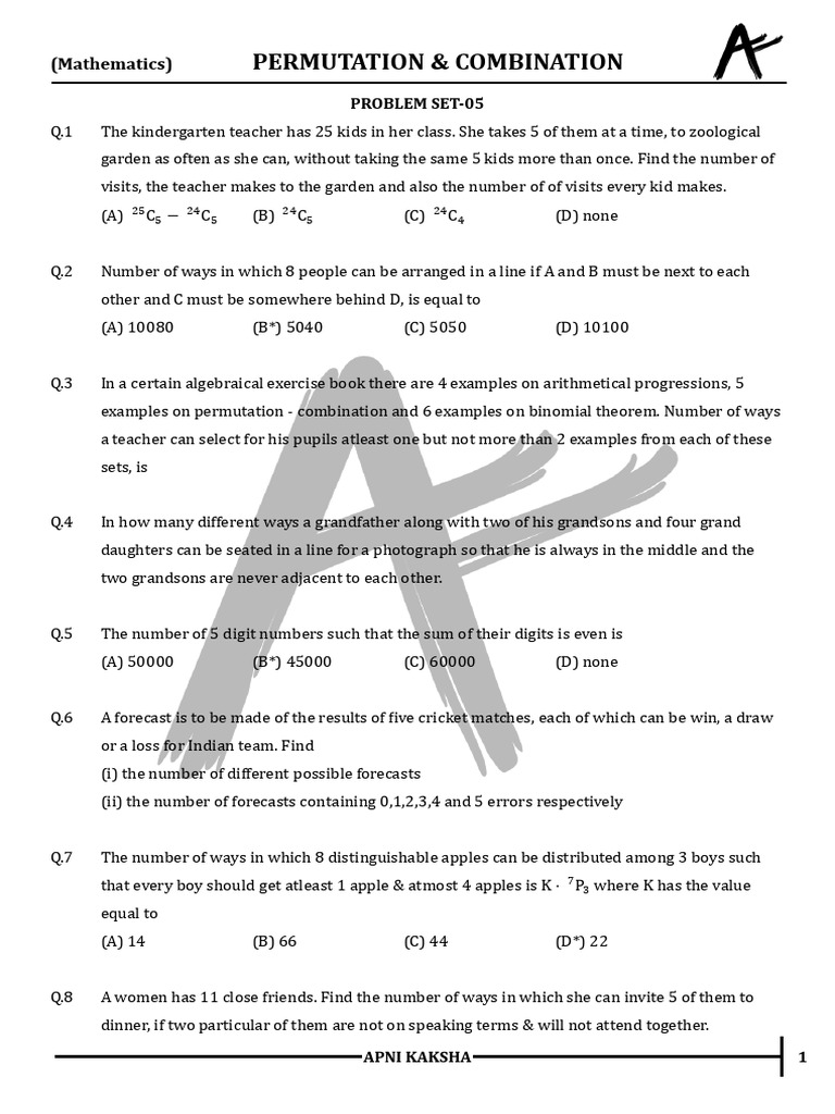 Permutation & Combination Problem Set | PDF | Mathematical Analysis ...