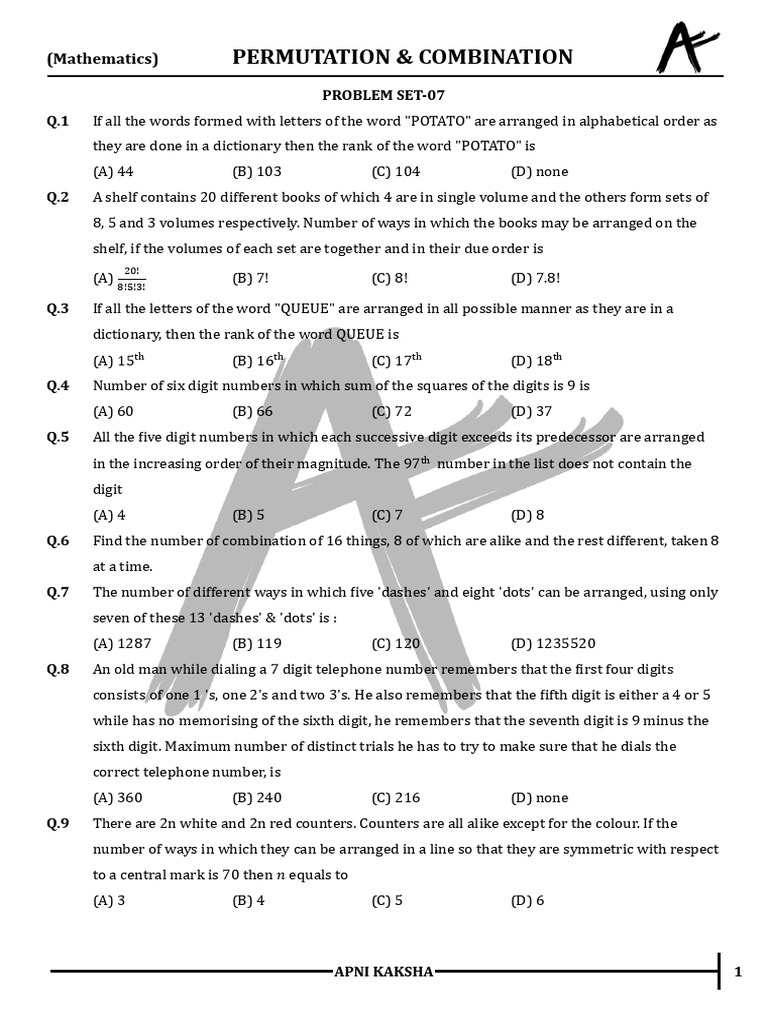 DPP - 07 - Problem Set 06 - Permutation & Combination | PDF | Mathematics
