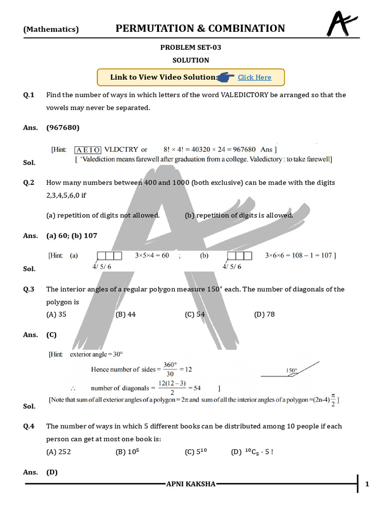 DPP - 03 (Video Solution) - Problem Set 01 - Permutation & Combination | PDF | Mathematical ...
