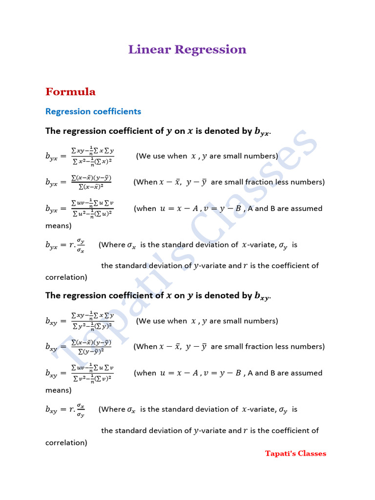Linear Regression Formula Class 12 | PDF