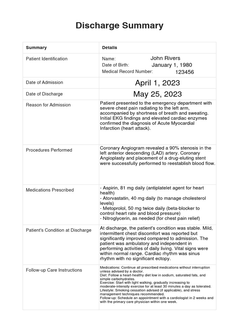 Discharge Summary Example | PDF | Myocardial Infarction | Heart