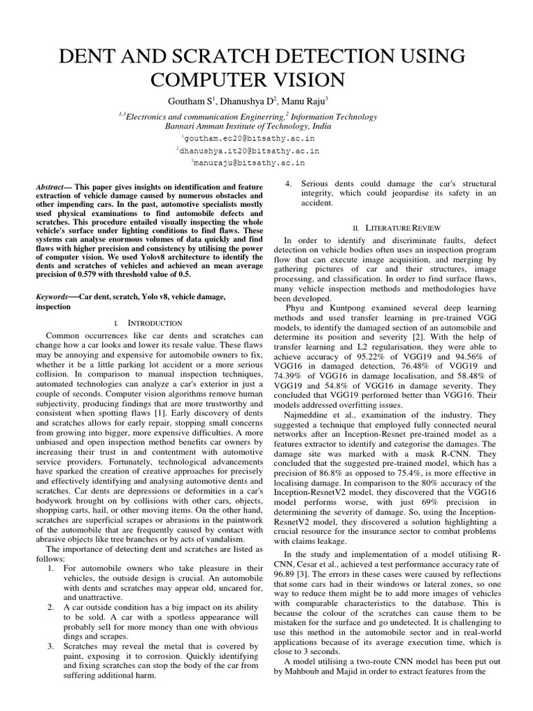 Dent and Scartch Detection Using Computer Vision | PDF | Computer ...