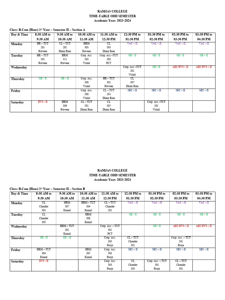 Classes Time Table II IV VI Even 2023 2024 | PDF | Business | Educational Institutions