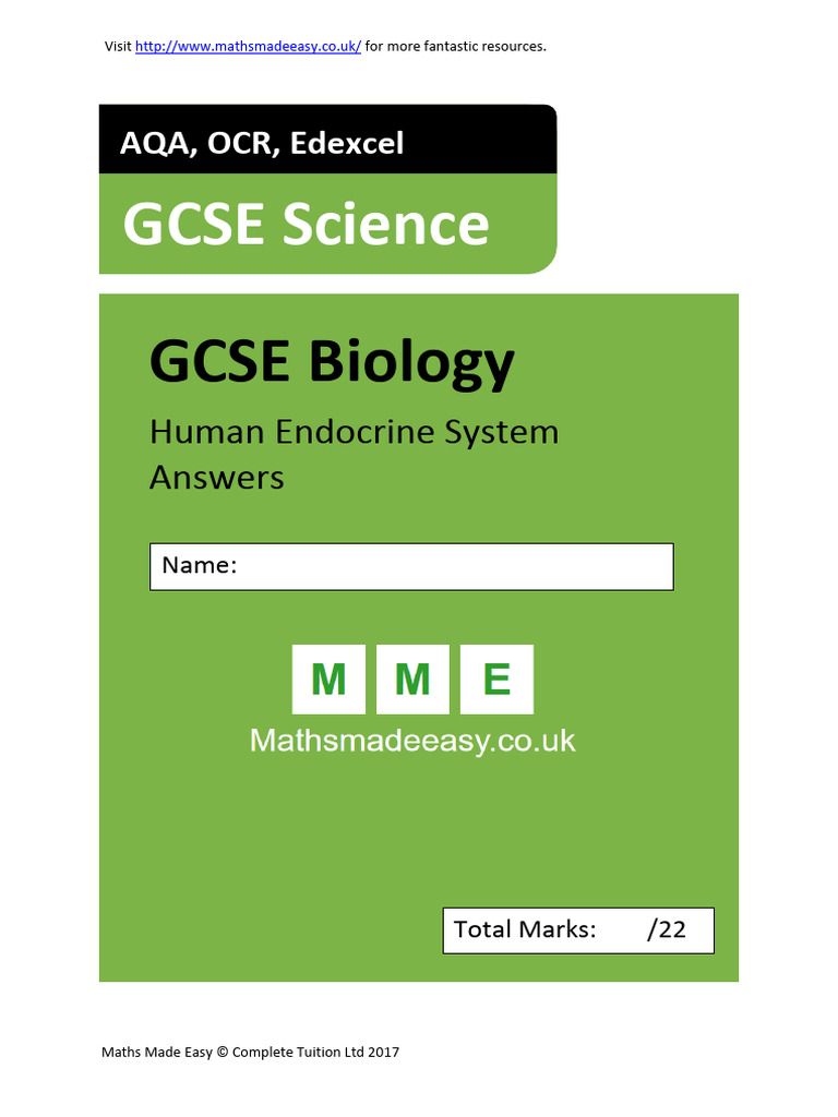 4.5.3.1 GCSE Biology. AQA OCR EDEXCEL. Human Endocrine System Answers | PDF