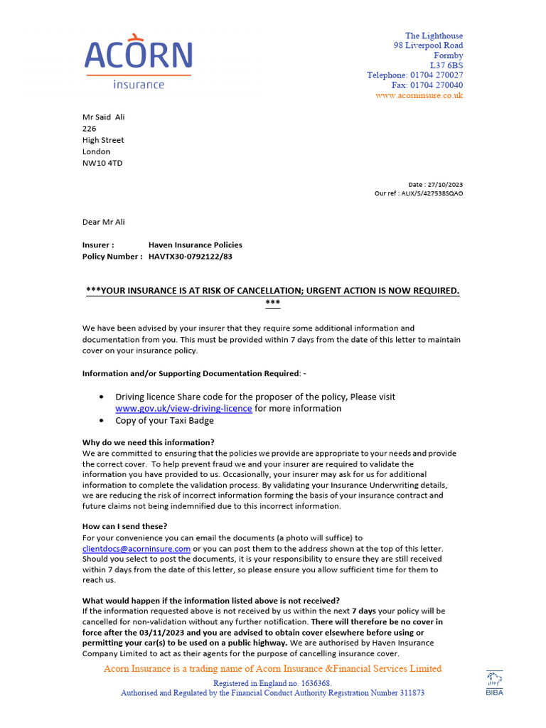 RTA Letter - AcCo v1.2 | PDF | Insurance | Business Law