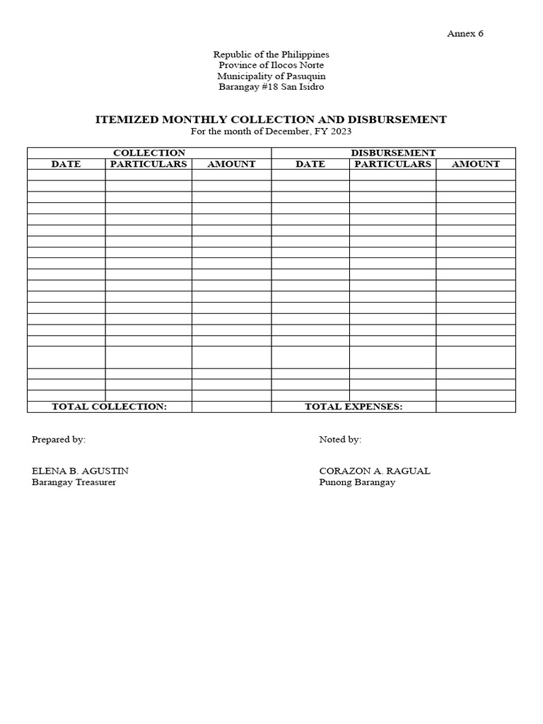 Annex 6 Itemized Monthly Collections and Disbursements | PDF