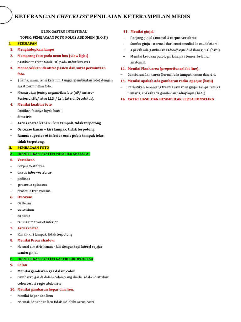 Checklist Penilaian Foto Abdomen B.O.F. | PDF