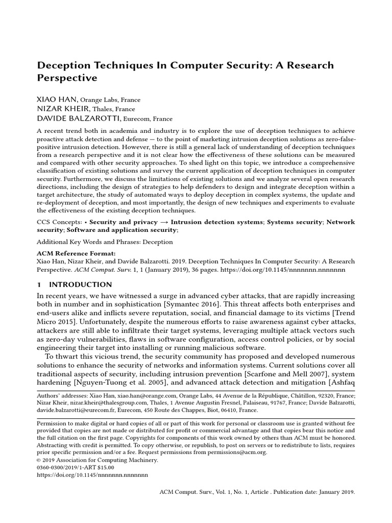 Deception Techniques In Computer Security A Research | PDF
