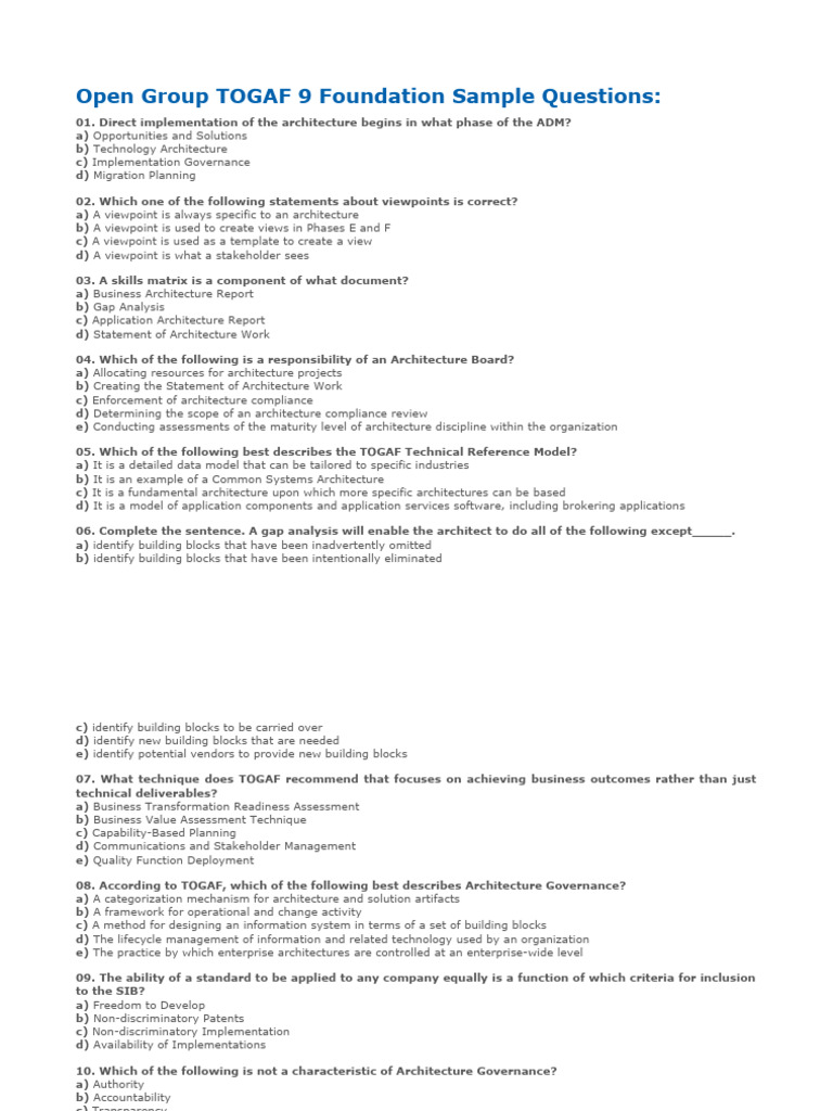 TOGAF 9 Exam Prep Questions | PDF | Governance | Systems Science