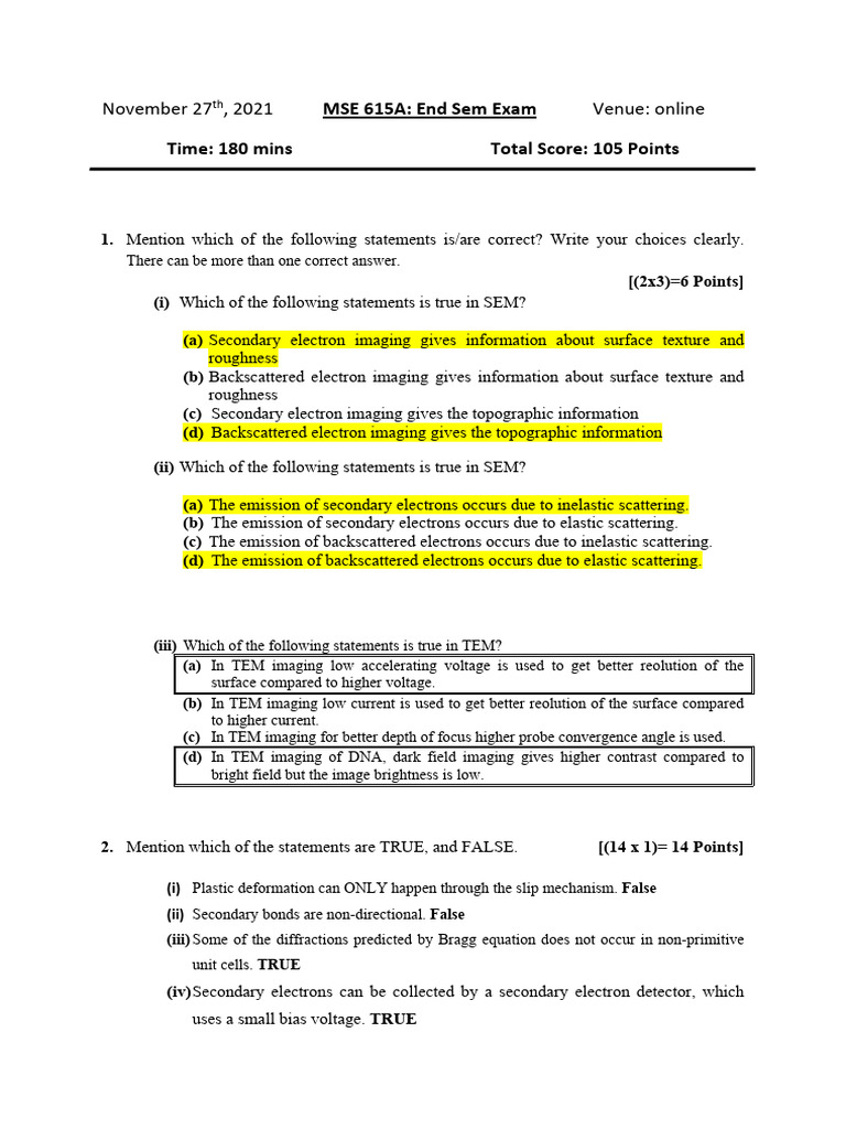 Answerkey Endsem MSE615A 2021 | PDF | Dislocation | Energy Dispersive X Ray Spectroscopy