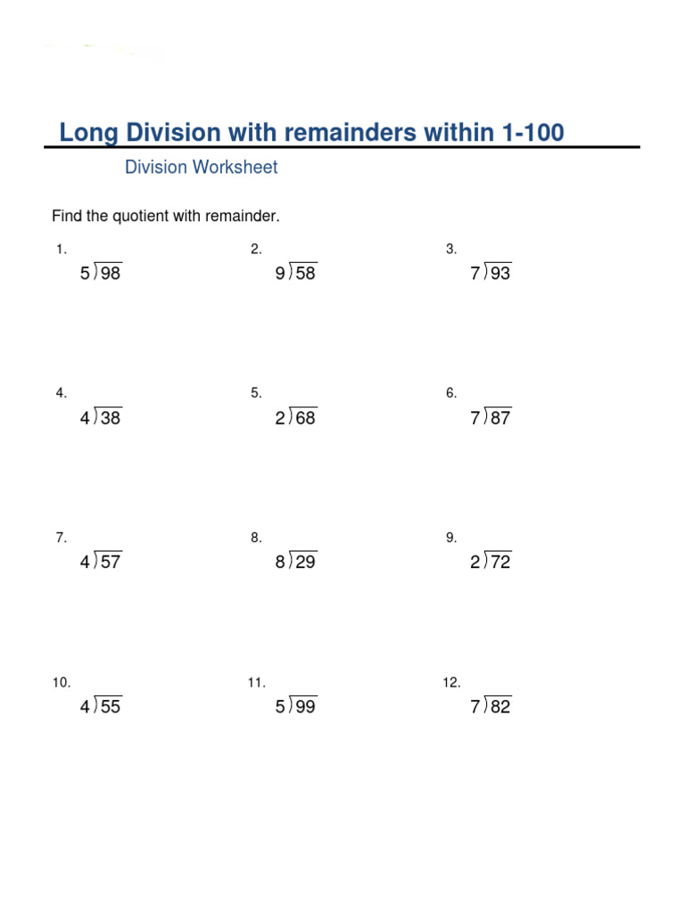 Long Division Remainders Worksheet | PDF
