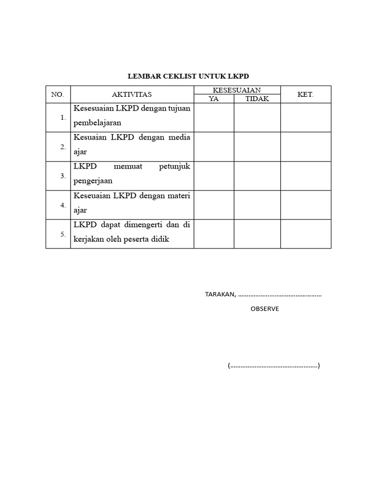 Lembar Ceklist Untuk LKPD | PDF