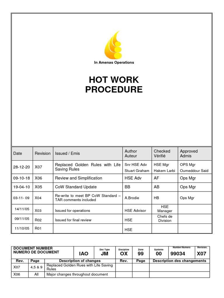 Hot Work Procedure: IAO JM OX 99 00 99034 X07 | PDF