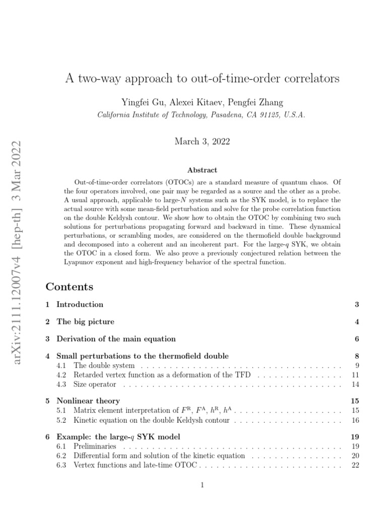Gu, Kitaev, Zhang - A Two Way Approach To OTOCs | PDF | Black Hole | Chaos Theory