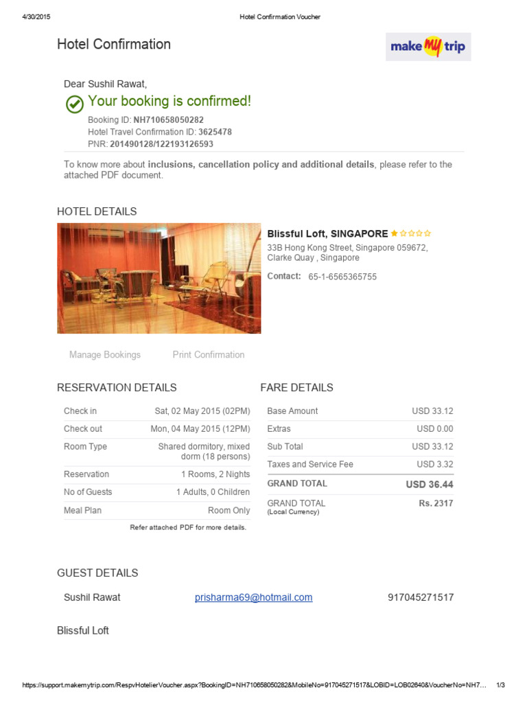 Hotel Confirmation Voucher - Sushil | PDF | Service Industries