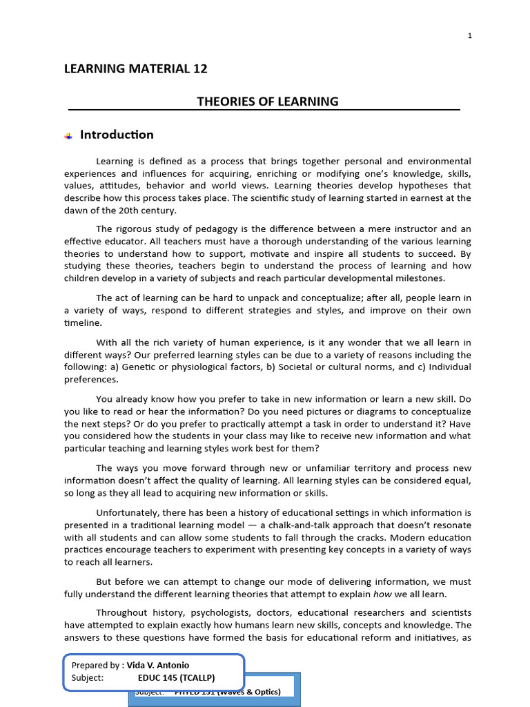 Learning Material 12. Theories of Learning | PDF | Constructivism ...