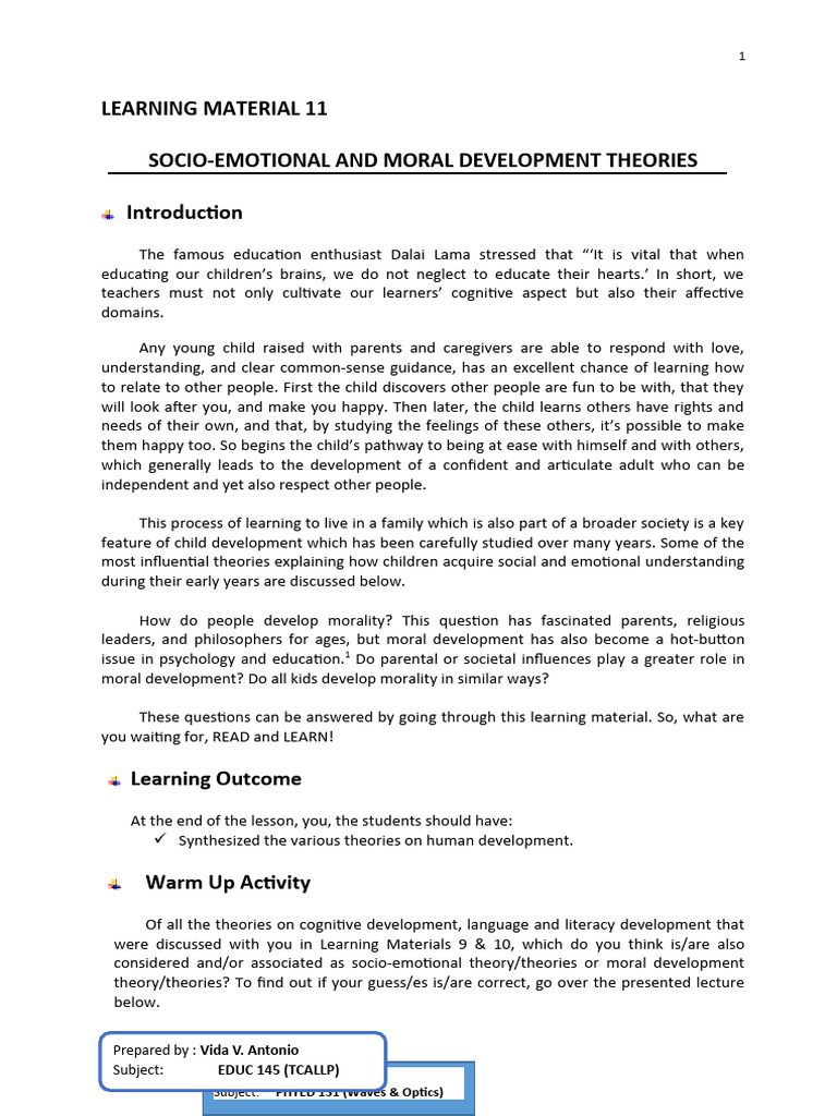 Learning Material 11. Socio-Emotional and Moral Development Theories ...