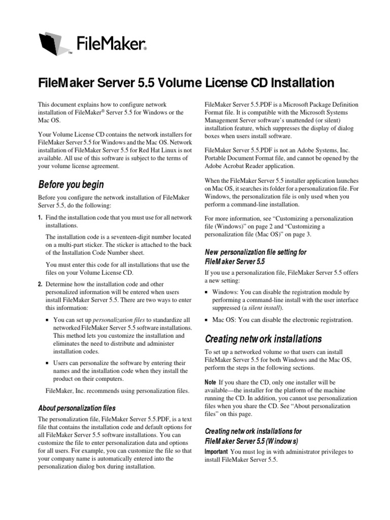 FileMaker Server 5.5 Network Setup Guide | PDF | Installation (Computer Programs) | Microsoft ...