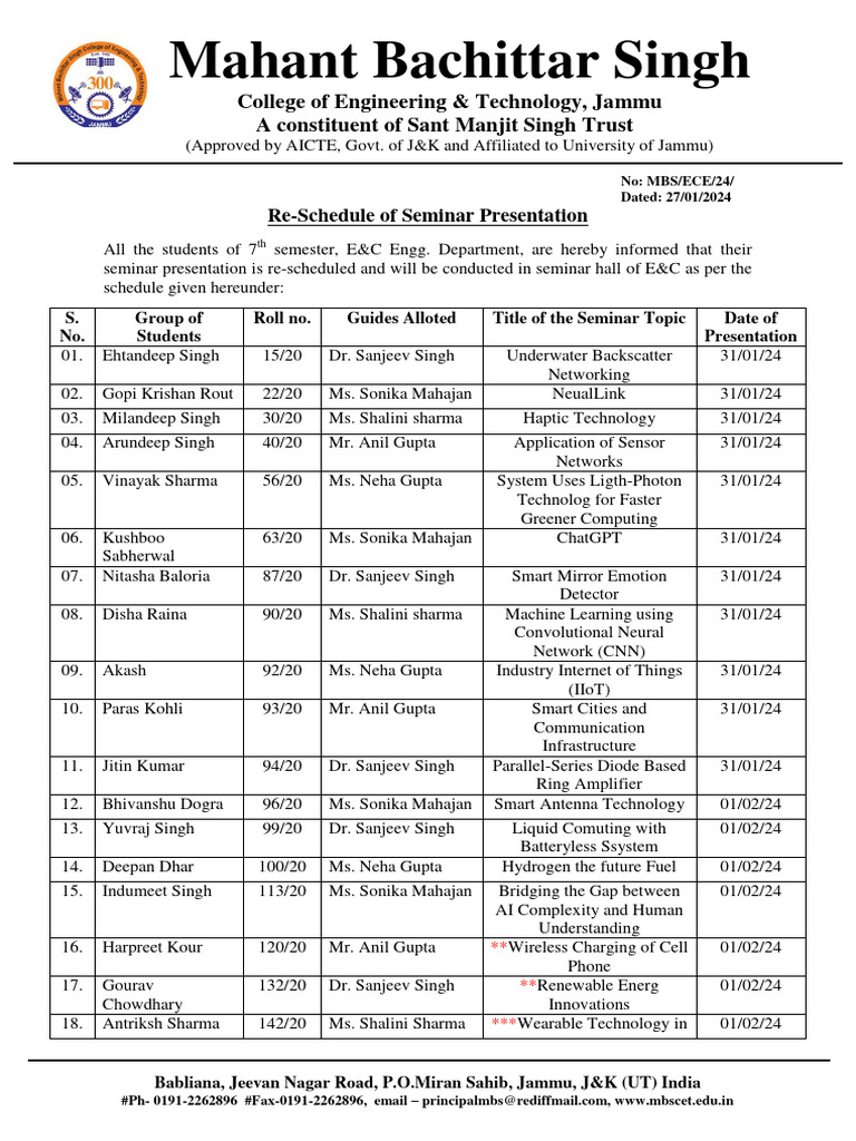Re-Sechedule of Seminar | PDF | Physical Sciences | Computing