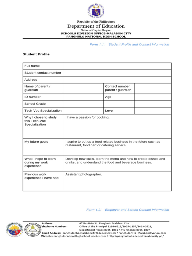 Student Form For Work Immersion | PDF | Internship | Job Hunting