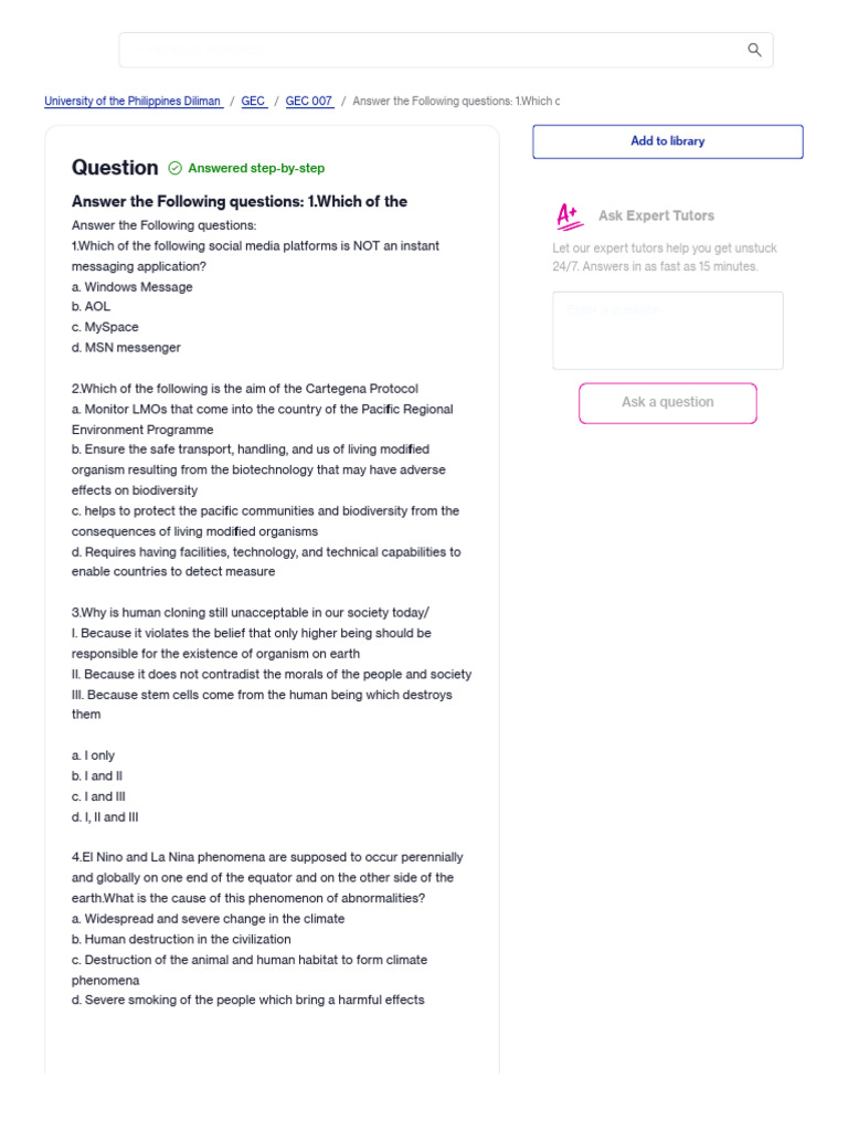 Solved Answer The Following Questions 1.which of The Following Social ...