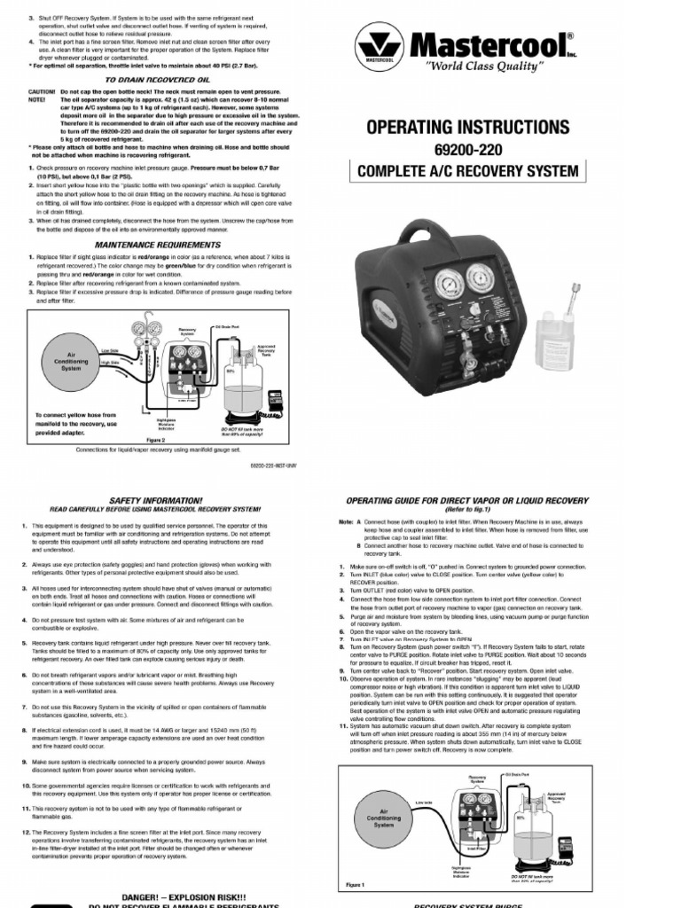 Mastercool Portable Recovery Unit Operational Instructions | PDF
