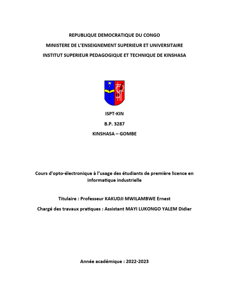 Cours d'Optoélectronique ISPT-KIN | PDF | Sciences et mathématiques