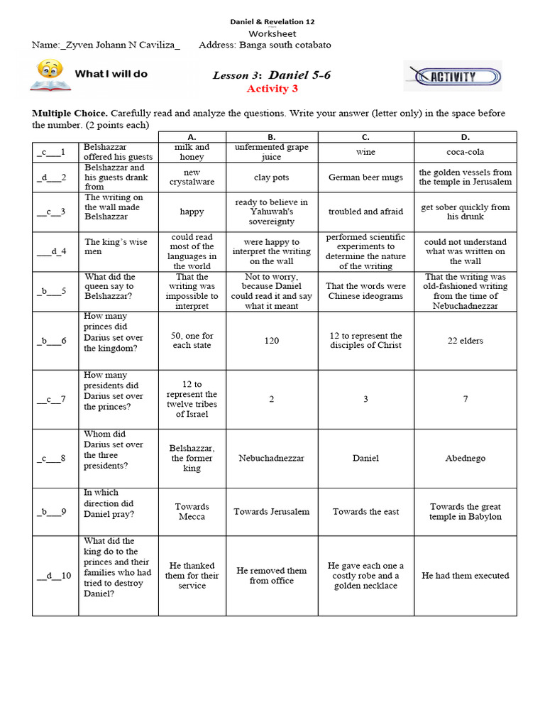 Daniel & Revelation Lesson 3 Worksheet | PDF | Daniel (Biblical Figure)