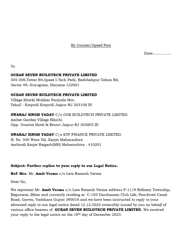 Draft Reply Legal Notice Raheja Atalantis | Download Free PDF | Justice ...